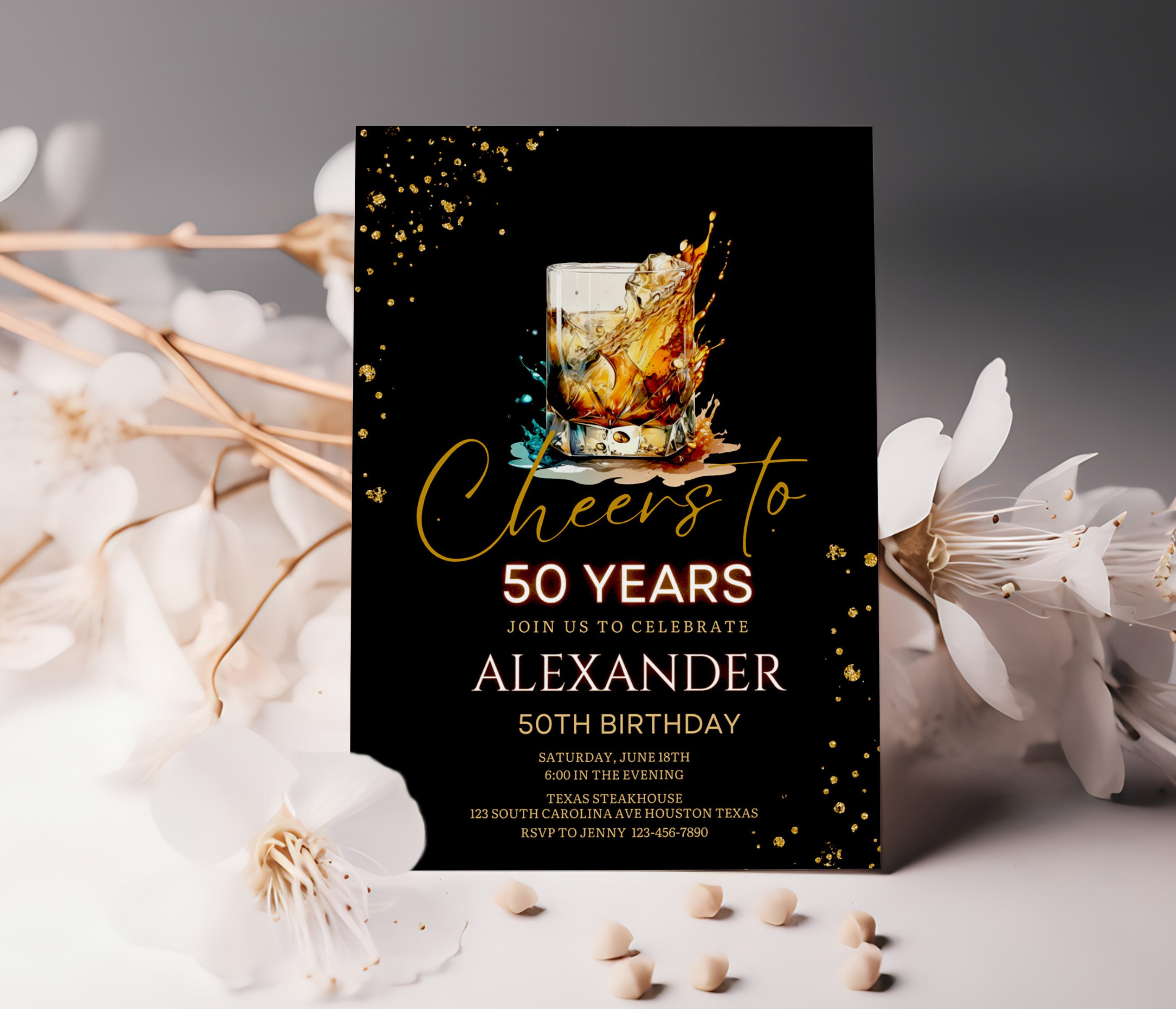 Whiskey Themed Surprise Party Invitation For Mens 30th 40th 50th 60th Birthdays Editable