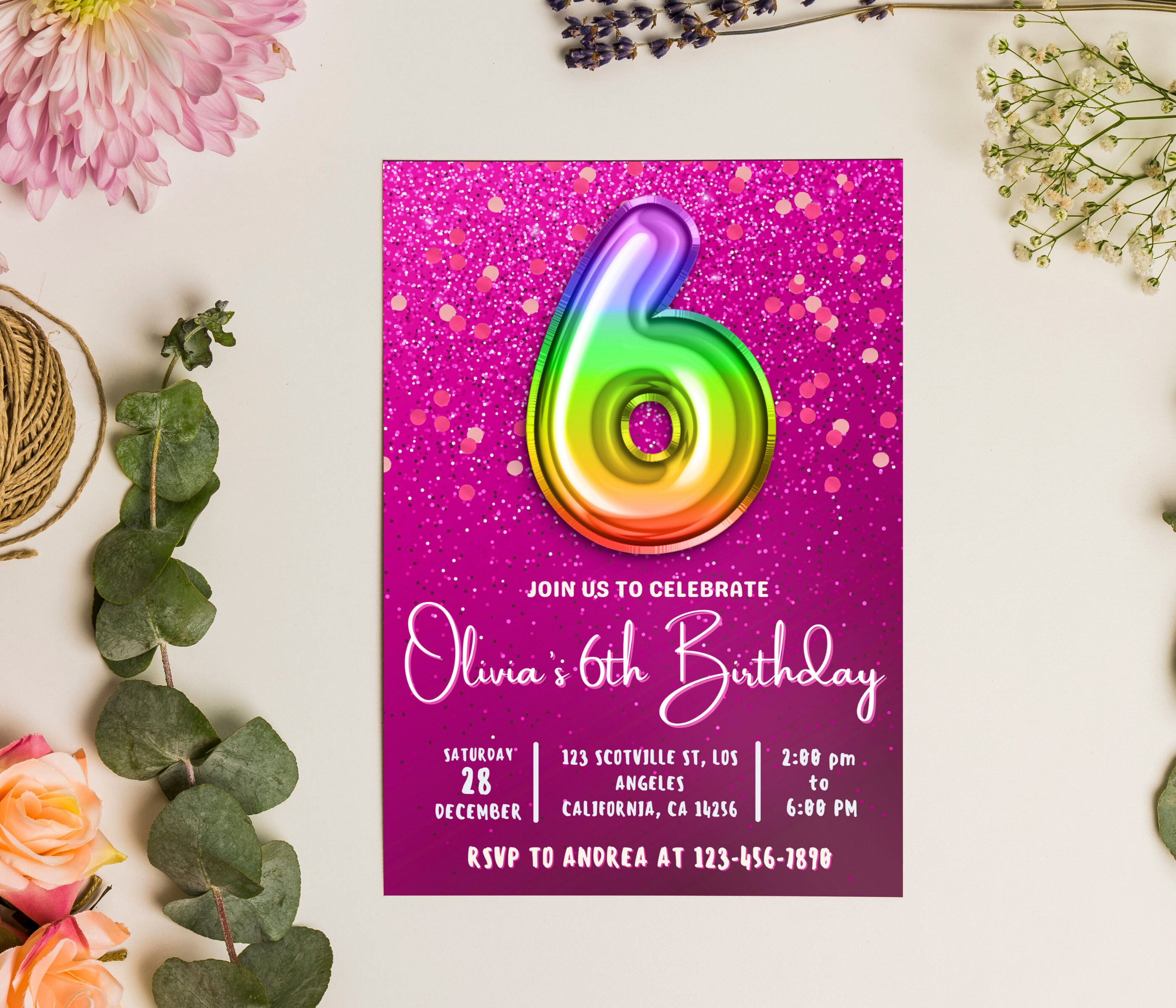 Editable Pink 6th Birthday Invitation Template Glitter Birthday Party ...