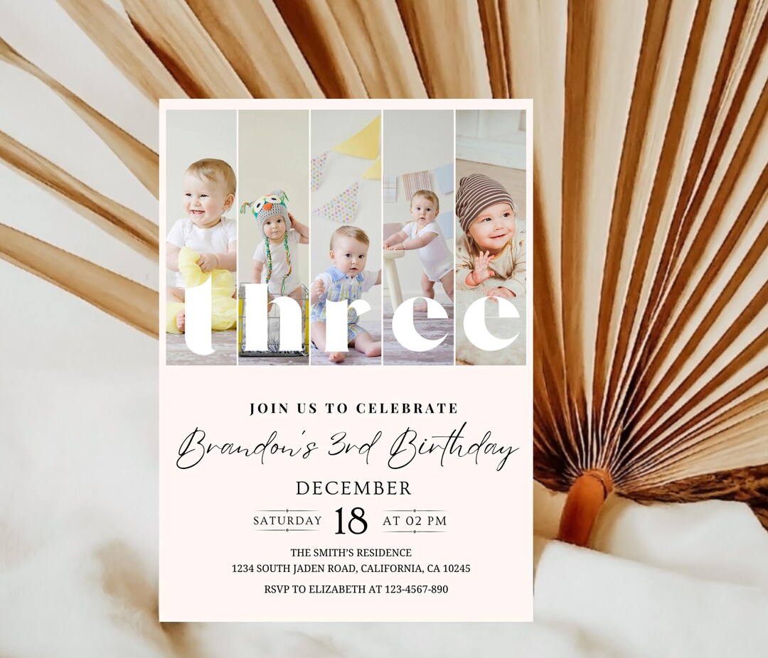 Editable 3rd Birthday Invitation Template Rose Gold Glittery Balloons ...