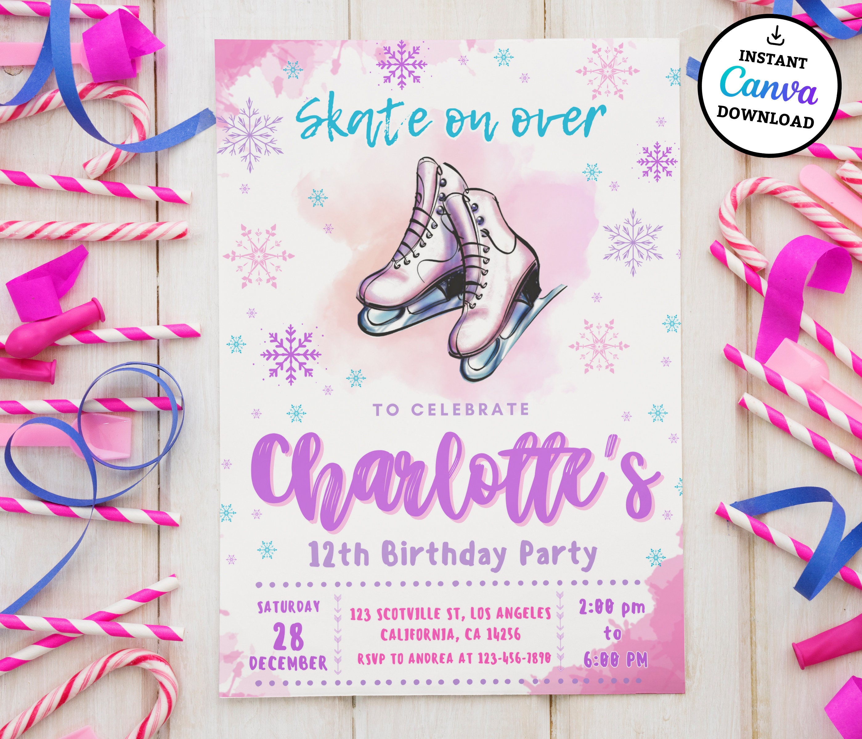 Ice Skating Birthday Invitation, EDITABLE Winter Skate Party Invite ...