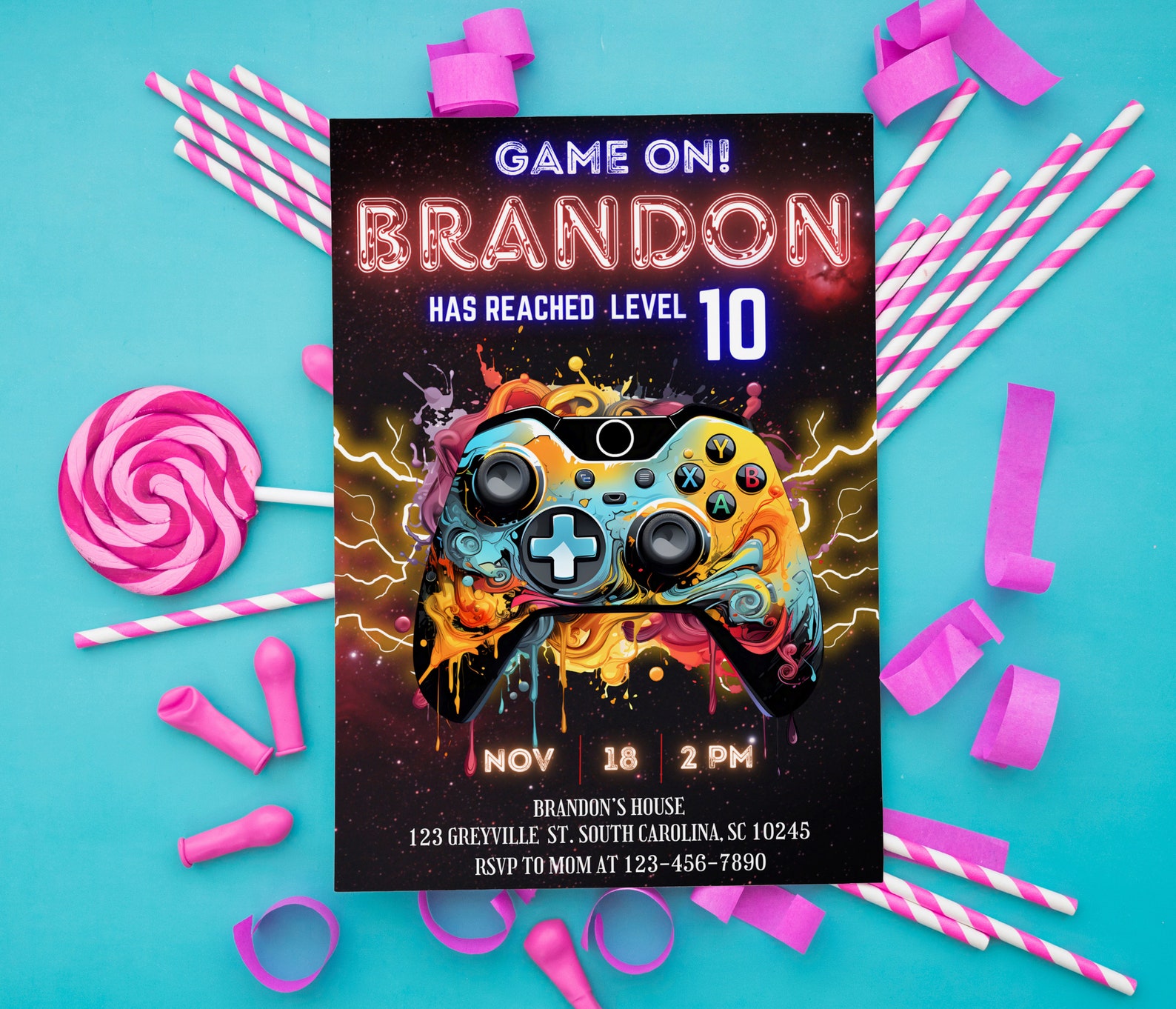 Video Game Birthday Invitation Template, Video Game Invitation, Neon ...