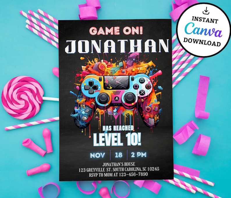 Video Game Birthday Invitation Template, Video Game Invitation, Neon ...