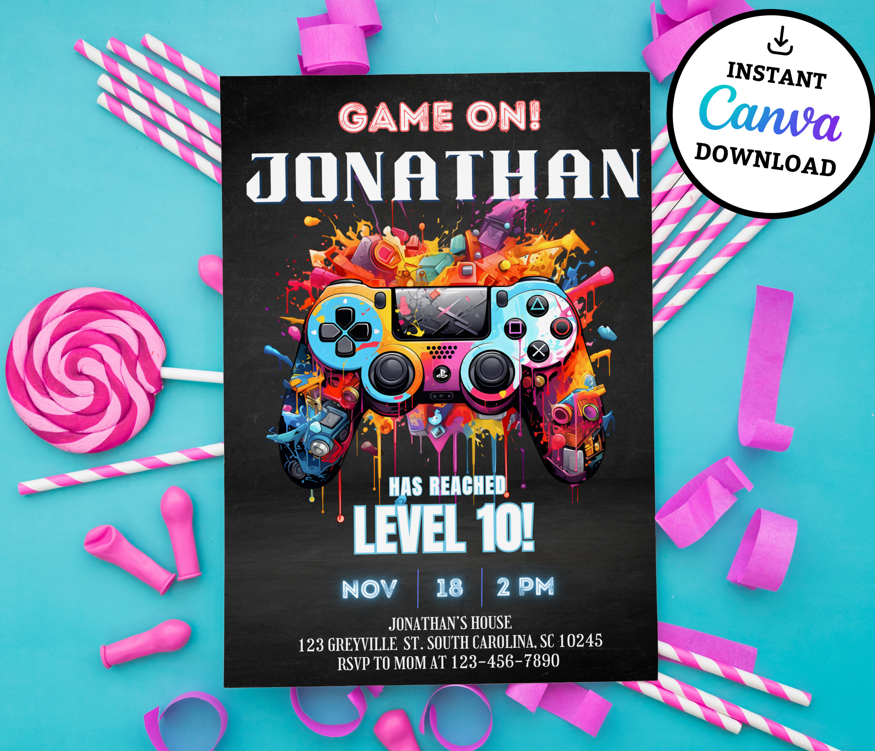 Video Game Birthday Invitation Template, Video Game Invitation, Neon ...