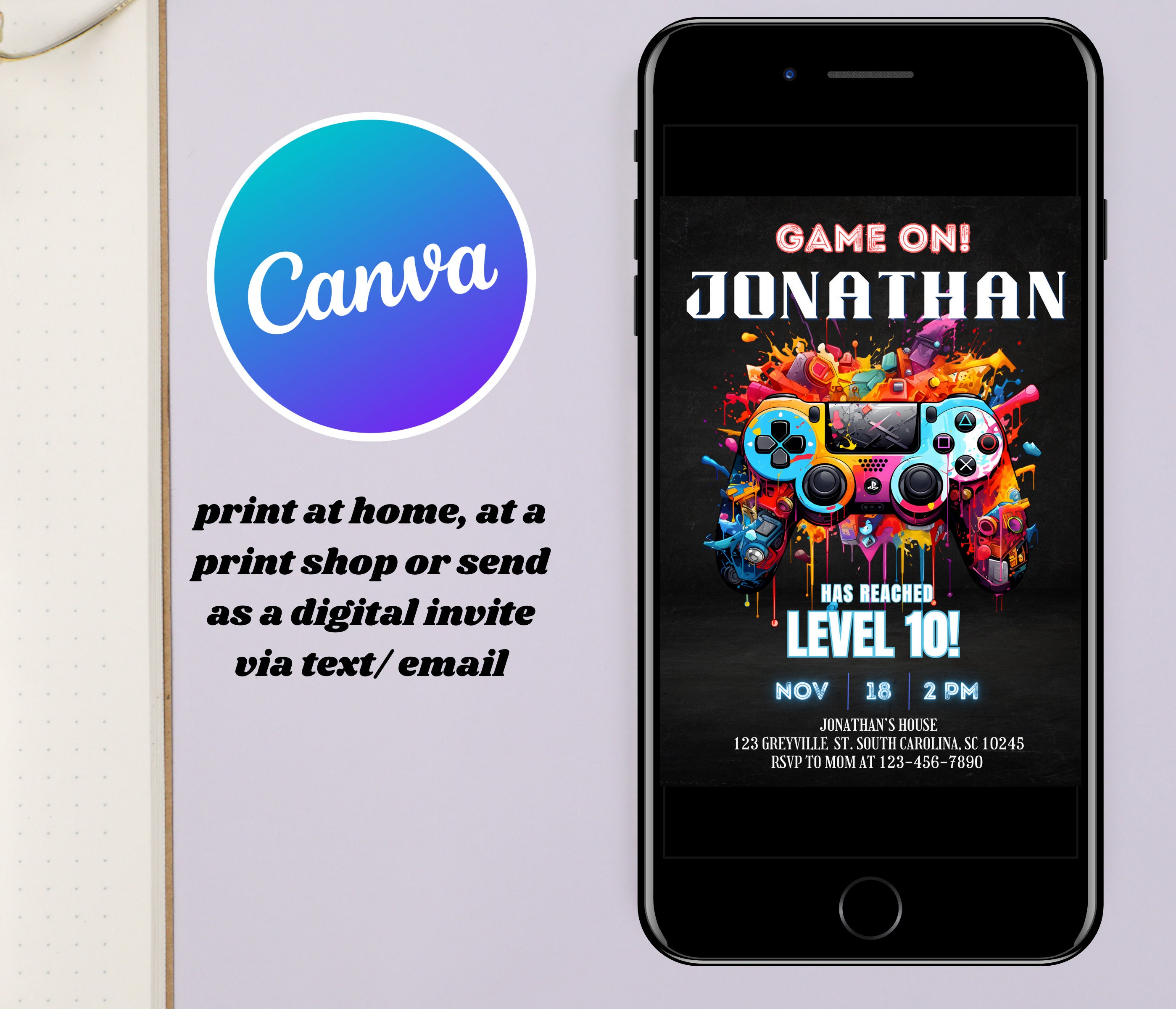 Video Game Birthday Invitation Template, Video Game Invitation, Neon ...