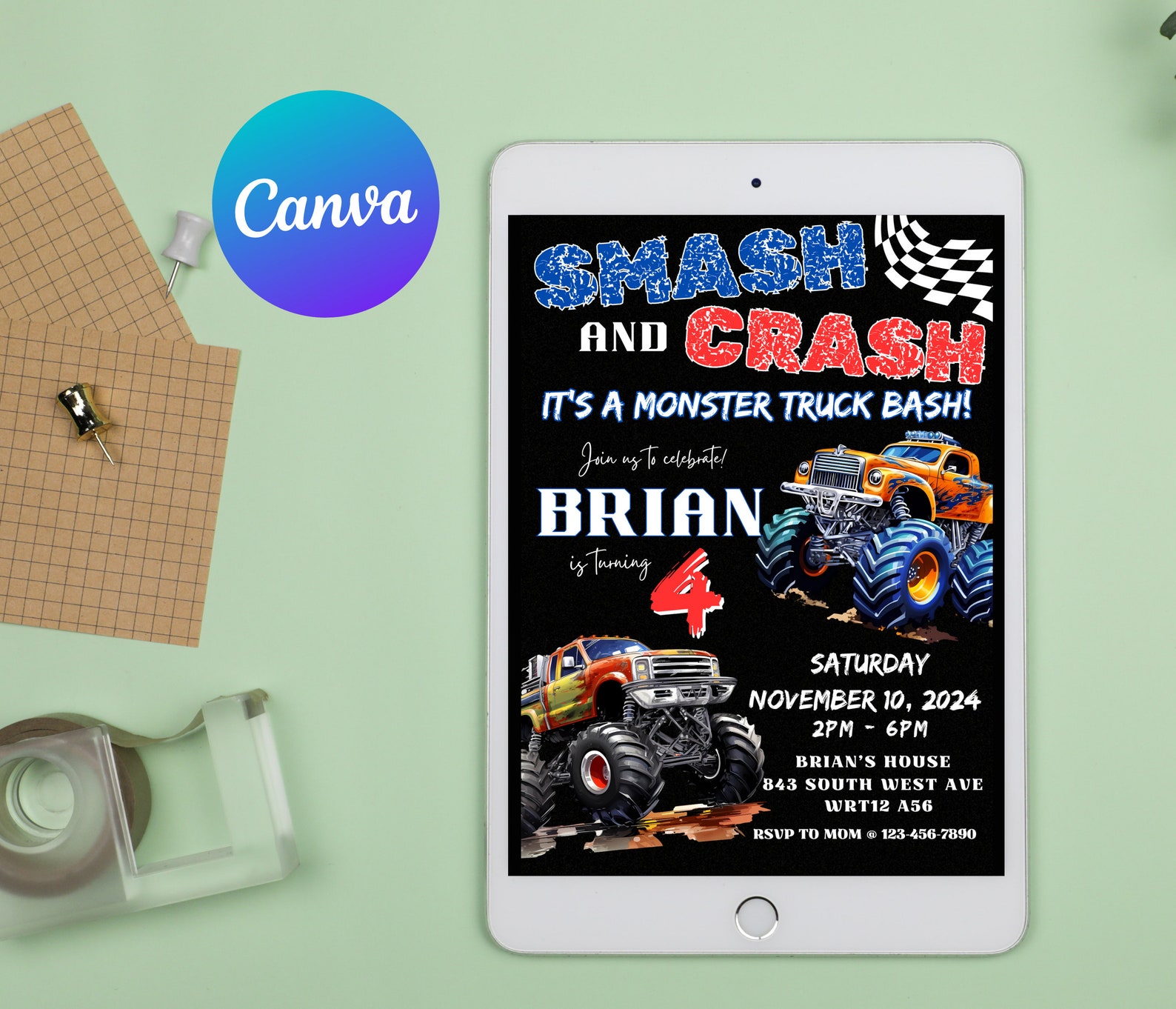 EDITABLE Monster Truck Birthday Invitation, Monster Trucks Invitation ...