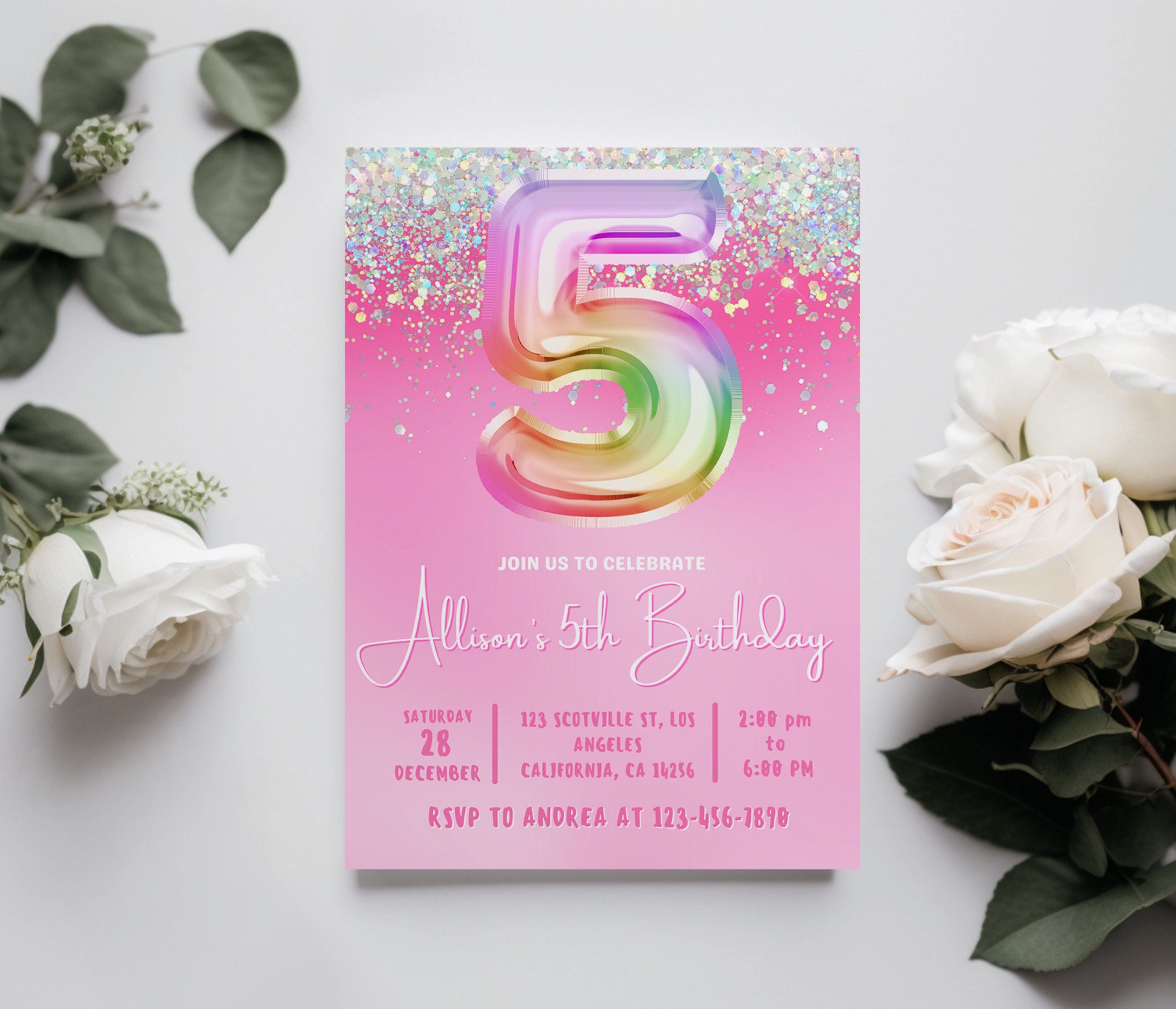 Editable Pink 5th Birthday Invitation Template Glitter Birthday Party ...