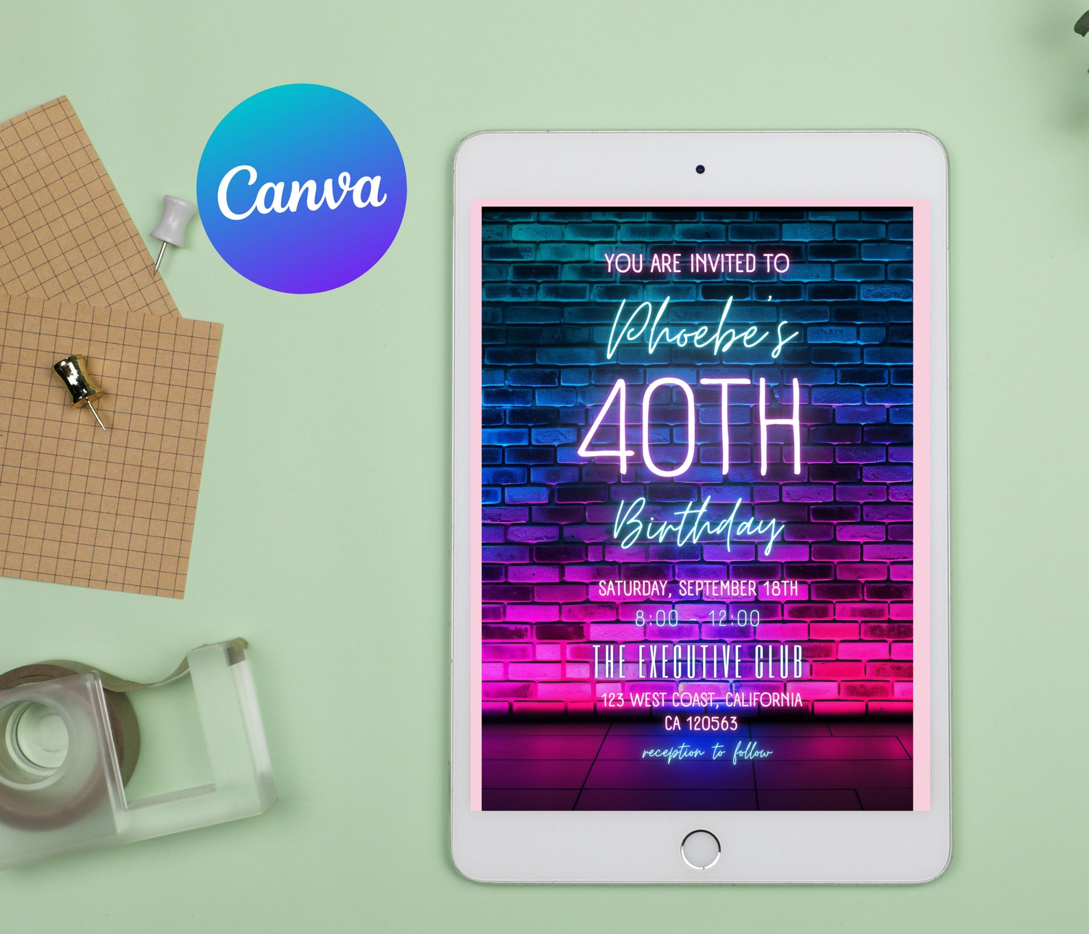 Neon Glow 40th Birthday Invitation Template (digital Download) - Etsy