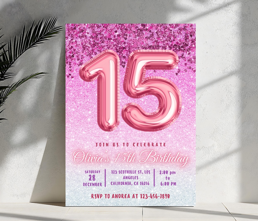 Editable Pink 15th Birthday Invitation Template Glitter Birthday Party Invite Rainbow Foil Girl ...