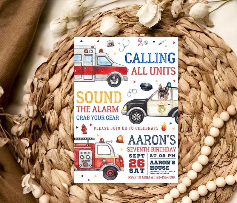 Calling All Units Birthday Invitation, Emergency Vehicles Invite ...
