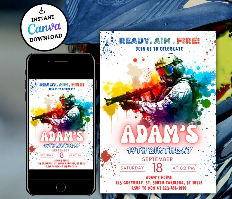 Editable Paintball Invitation Template Bruh Boy Paintball Party Invite ...