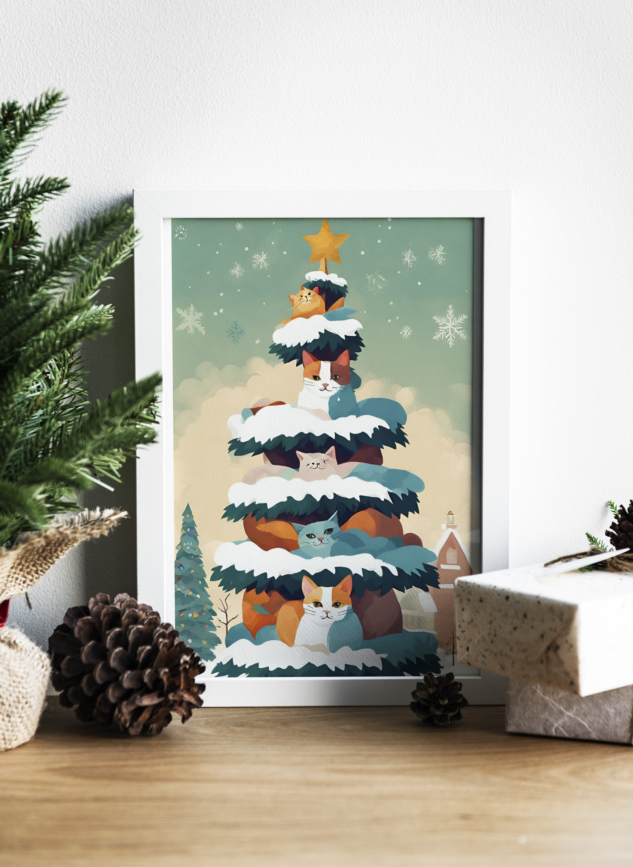 Christmas Cat Art, Christmas Wall Art, Cat Lover Christmas, Printable ...