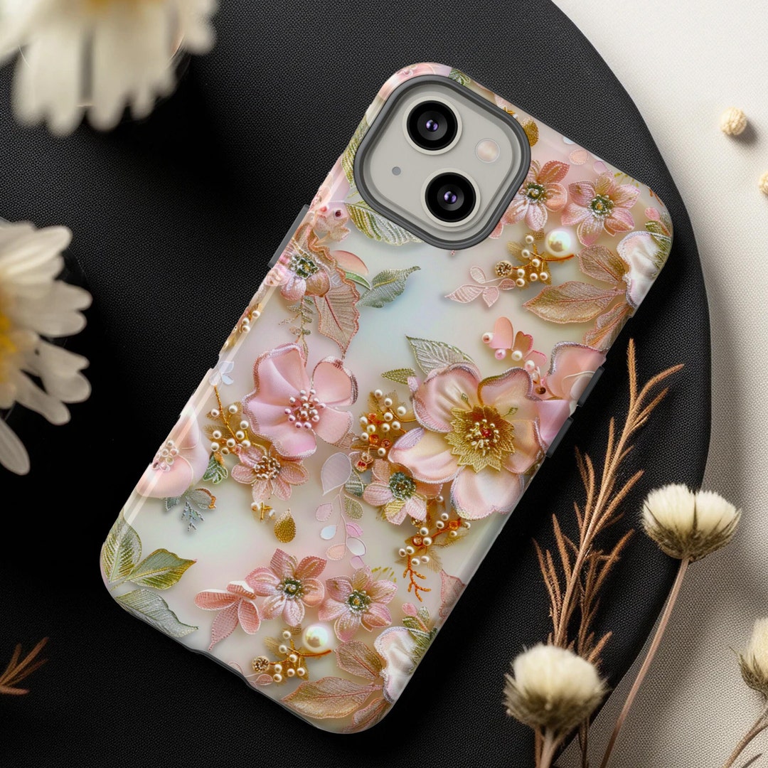 Pink Coquette Floral Lace Collage Phone Case, Faux Embroidered Flowers ...