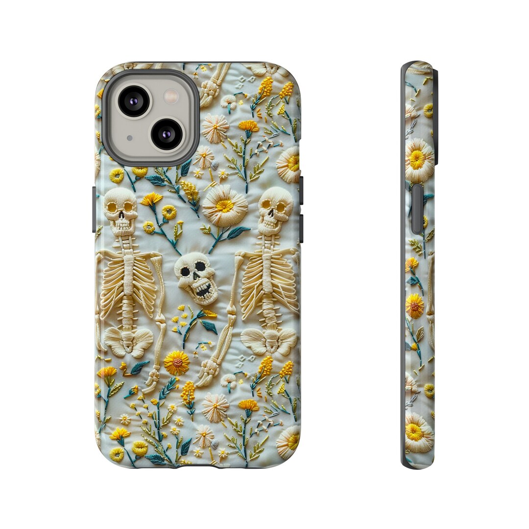 Vintage Skeletons in Bloom Phone Case | 3D Faux Embroidery Skull Case ...