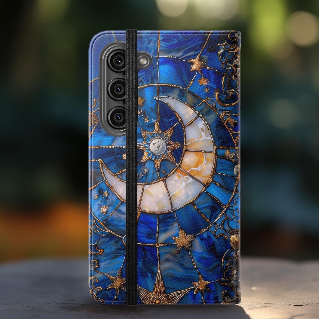 Celestial Stained Glass Moon & Stars Flip Phone Case, Faux Stain Glass ...