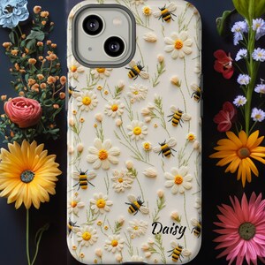 Personalized Bee Lover Gift Phone Case | Custom Faux Embroidered Floral ...