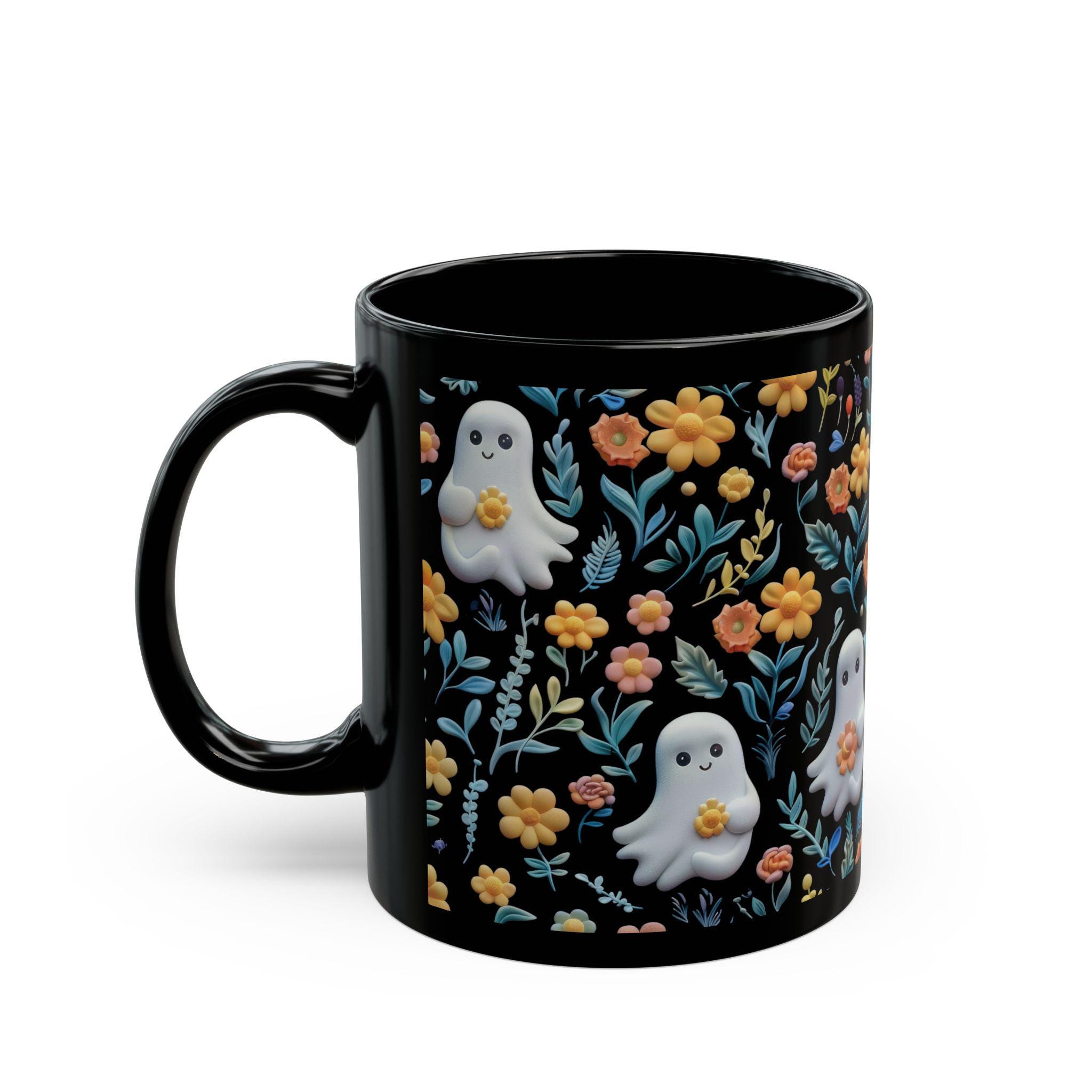 Vintage Floral Ghost Design Coffee Mug, Cute Spooky Ghosts in Autumn ...
