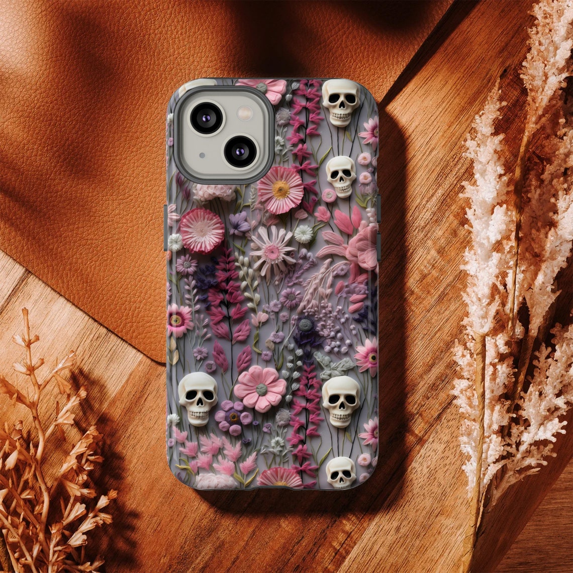Embroidered Look Floral Skulls Phone Case | Faux Embroidery Dark ...