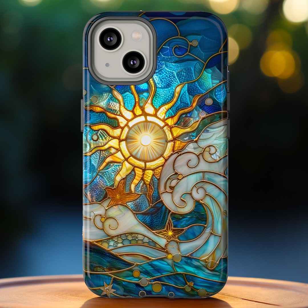 Celestial Stained Glass Print Coastal Sunset Phone Case, Faux Stain ...