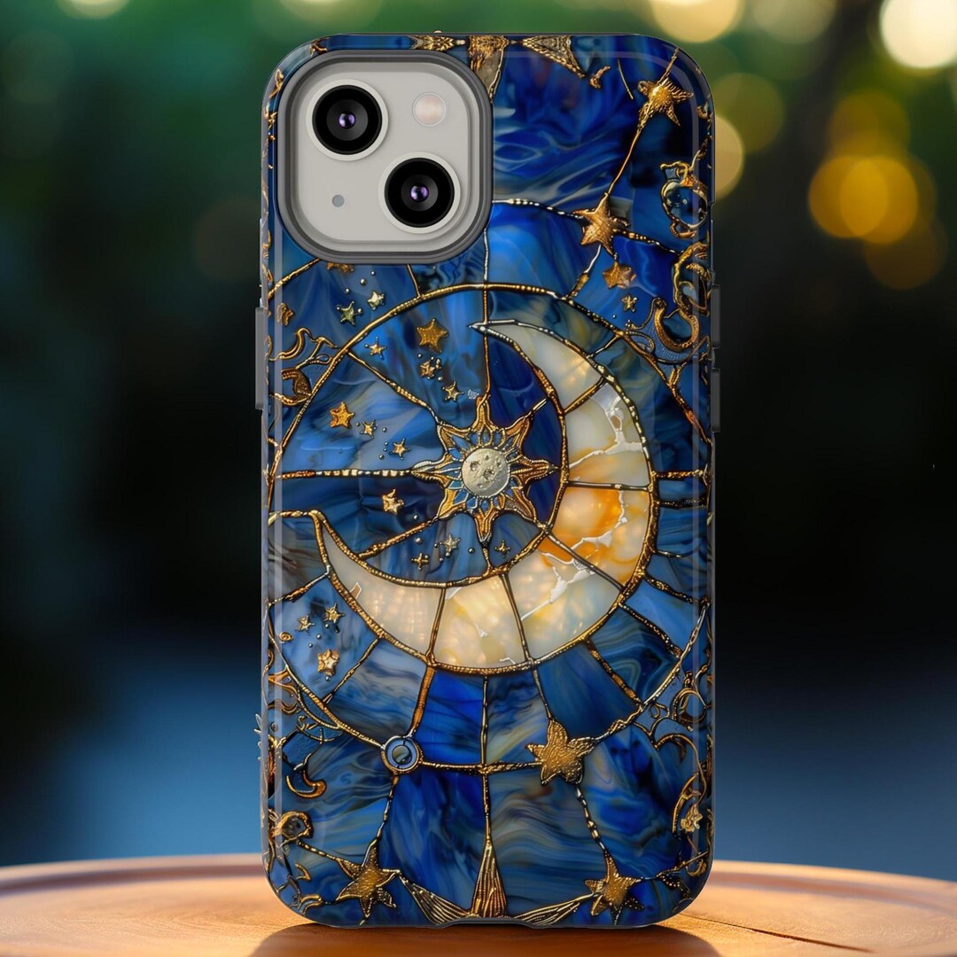 Celestial Stained Glass Moon and Stars Phone Case | Faux Stain Glass ...