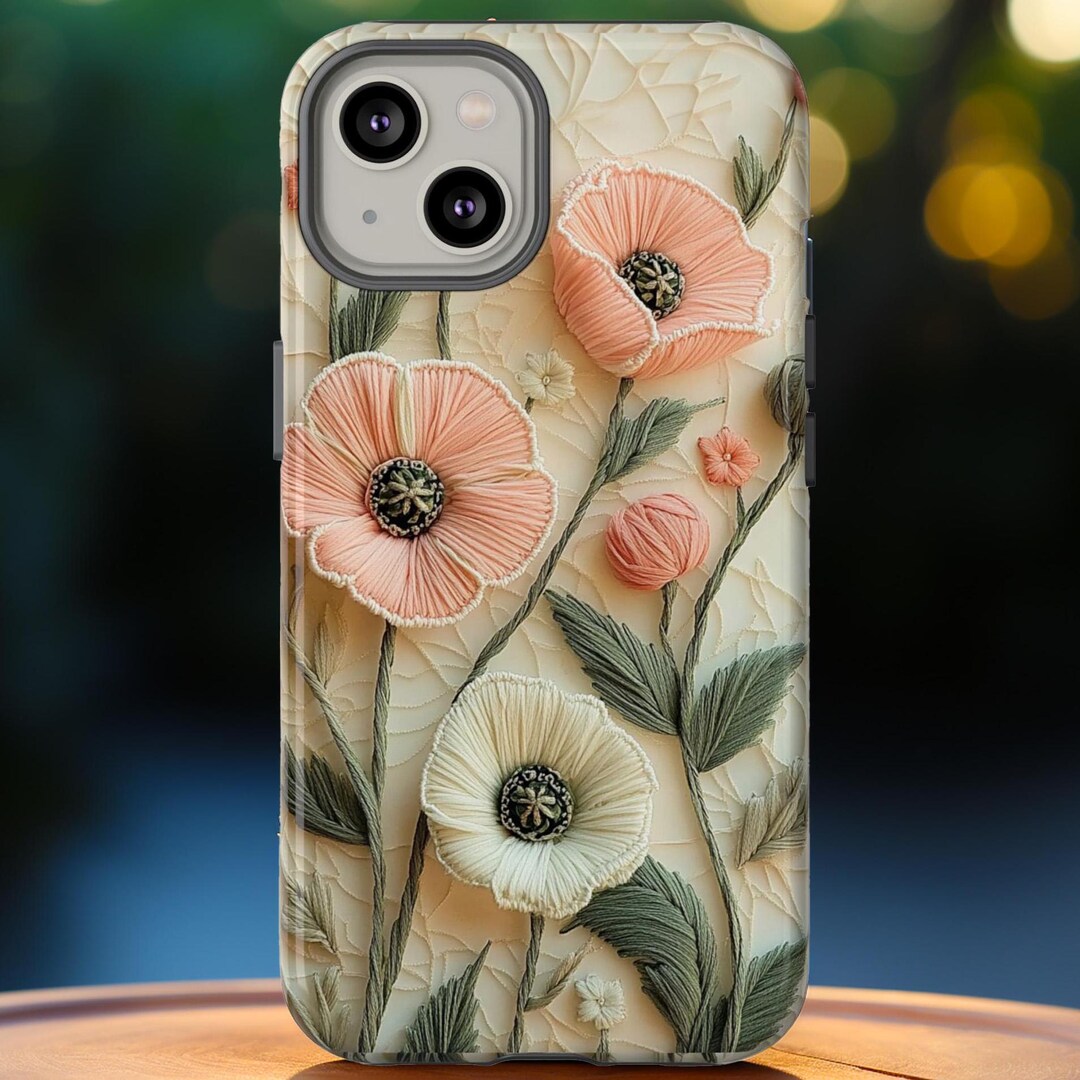 Faux Embroidered Poppy Flowers Phone Case, 3D Look Embroidery Print ...