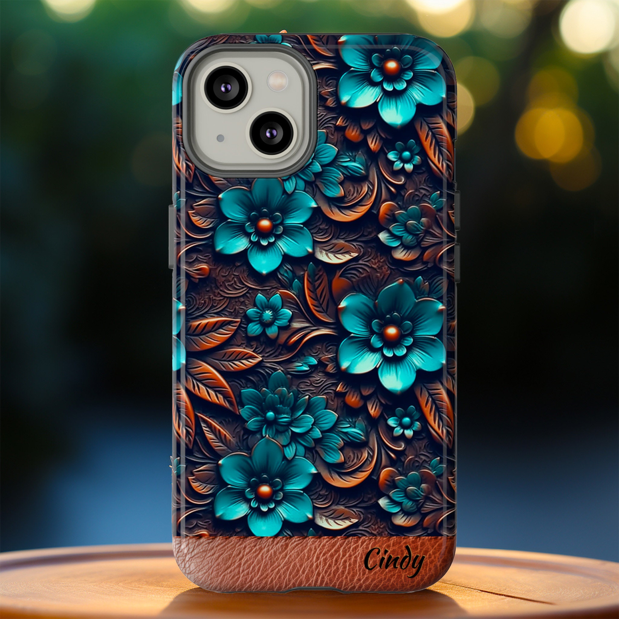 Personalized Western Floral Phone Case, Tooled Leather Effect Turquoise ...
