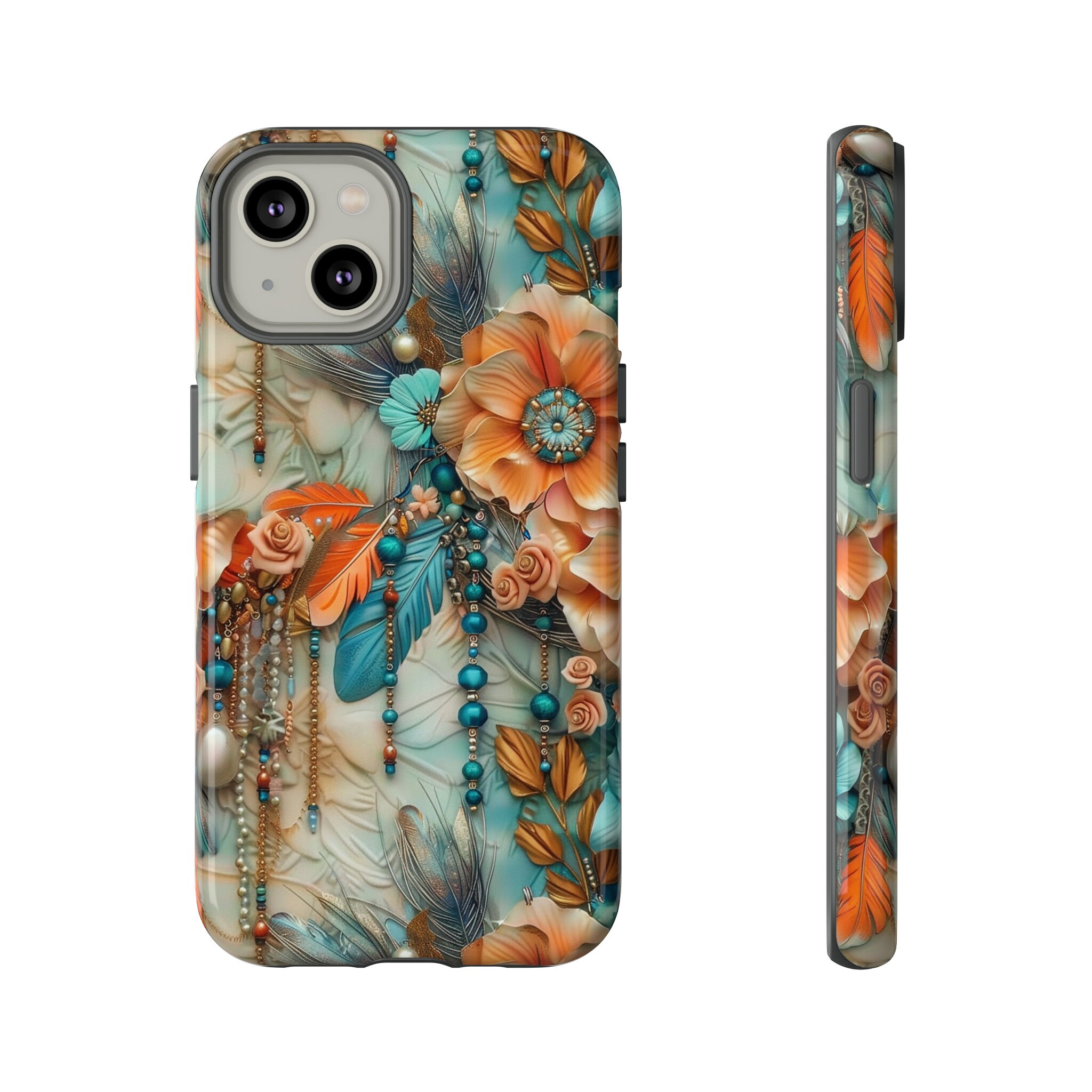 Bohemian Floral Feathers Beaded Art Phone Case 3D Boho Western Faux ...