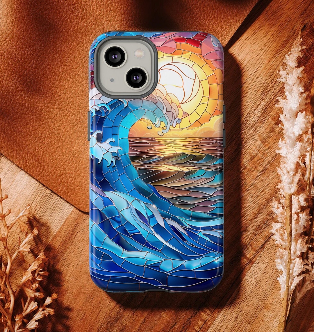 Stained Glass Effect Sunset Surf Phone Case, Beach Theme Mosaic Waves ...