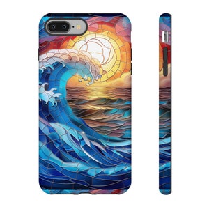 Stained Glass Effect Sunset Surf Phone Case, Beach Theme Mosaic Waves ...