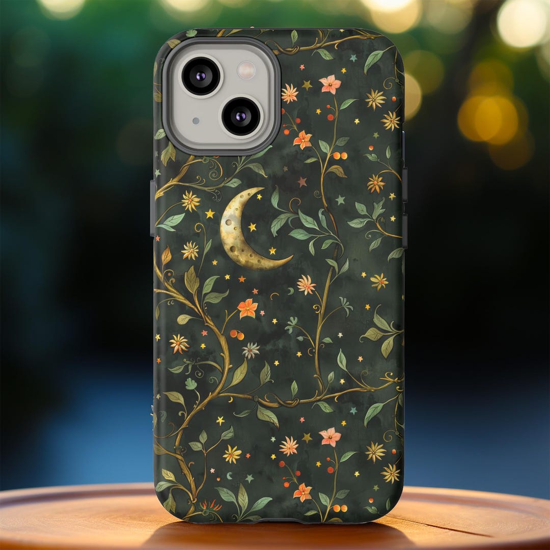 Black Botanical Celestial Moon Phone Case, Midnight Stars Moon Floral ...