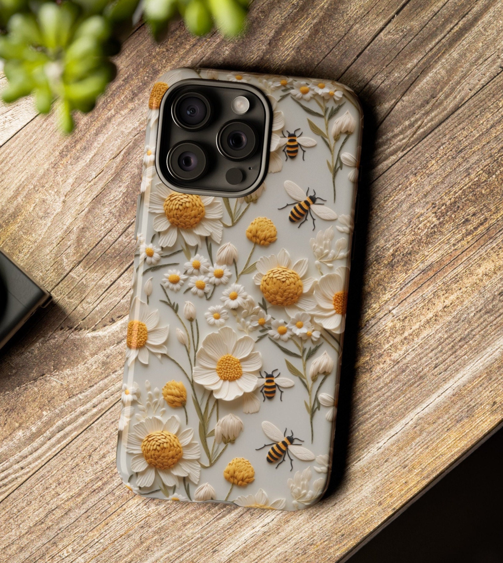 3D Look Flowers and Bumblebees Phone Case | Faux Embroidery Cute Floral ...