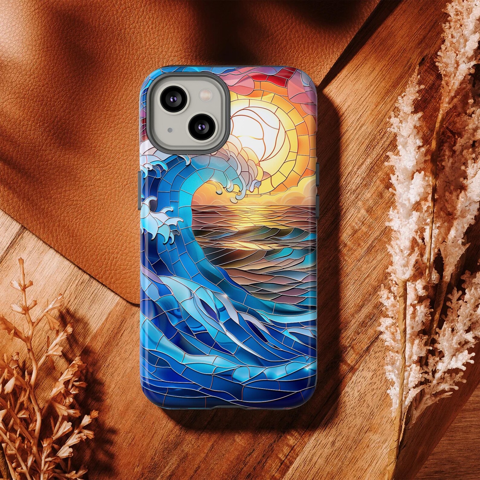 Stained Glass Effect Sunset Surf Phone Case, Beach Theme Mosaic Waves ...