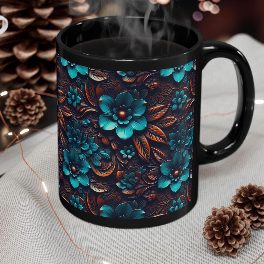 Western Boho Design Coffee Mug, Faux Tooled Leather Teacup, Aesthetic ...