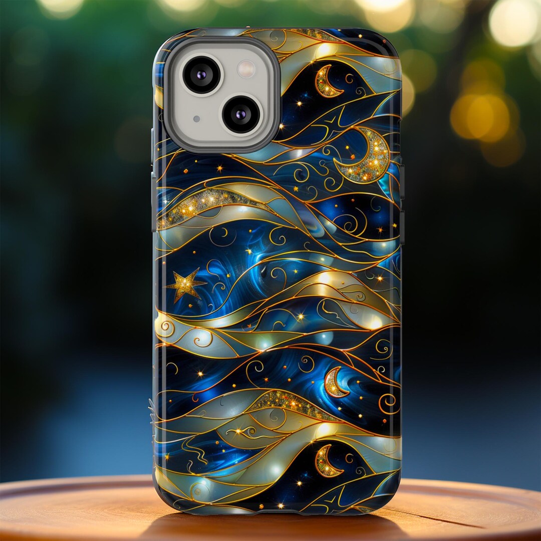 Stained Glass Celestial Moon Phone Case, Stained Glass Effect Stars and ...
