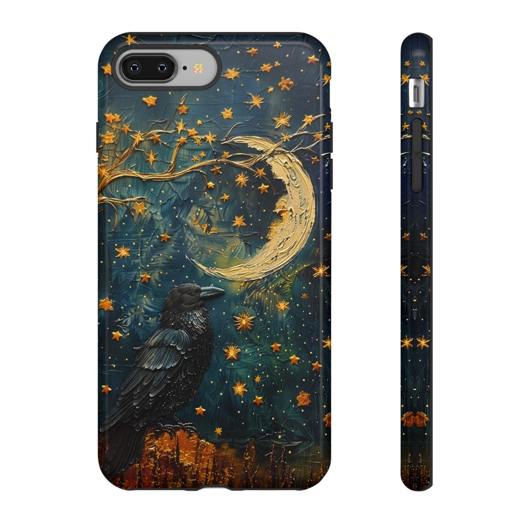 Celestial Raven Moon and Stars Phone Case, Spooky Crow Starry Night Sky ...