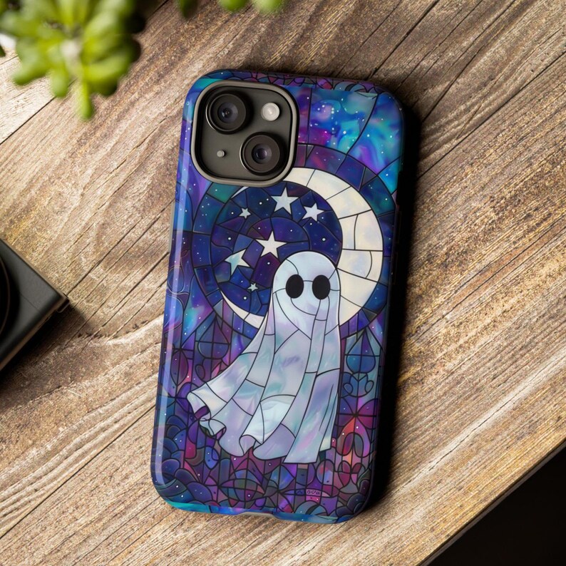 Celestial Halloween Ghost Phone Case, Spooky Moon and Stars Faux ...