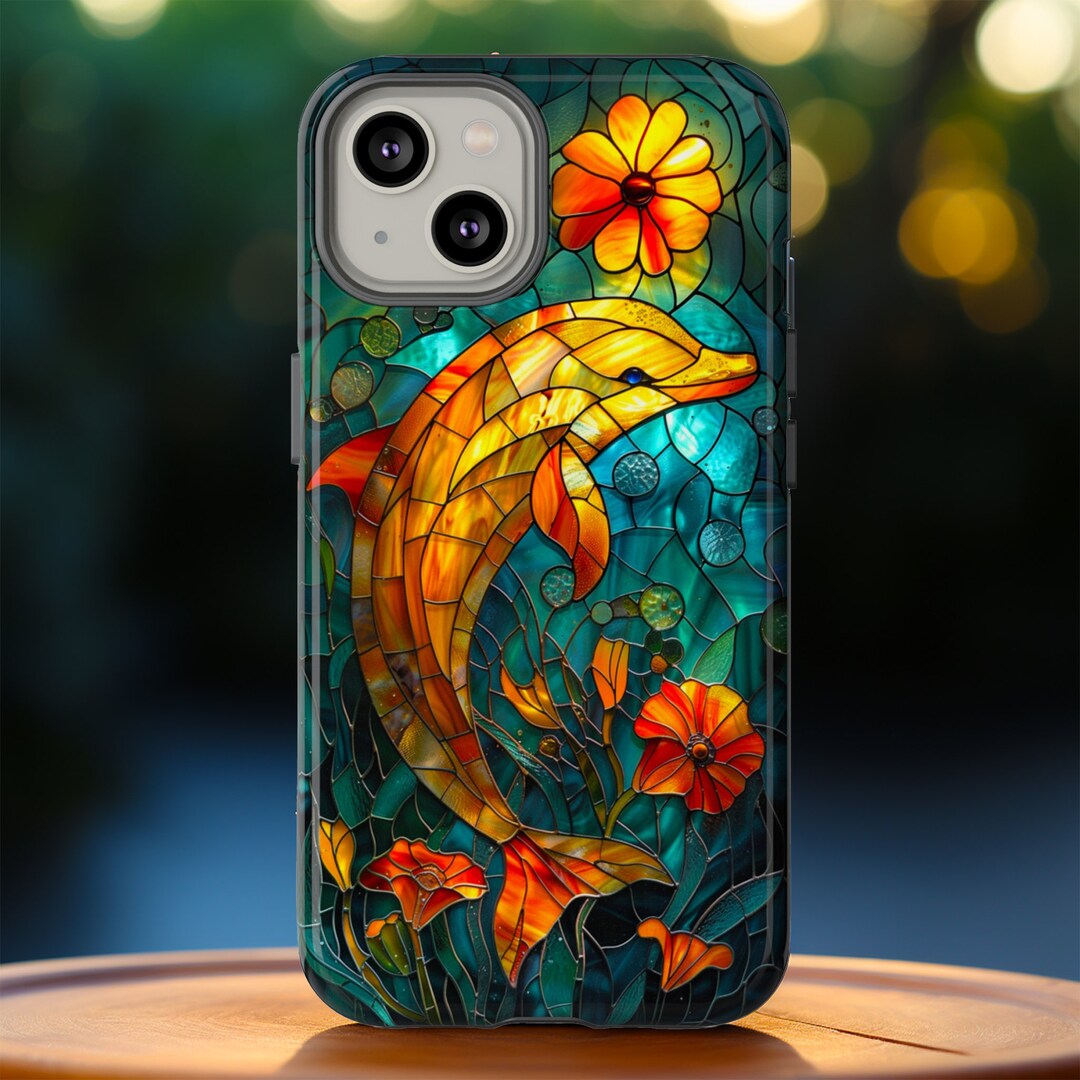 Floral Stained Glass Dolphin Phone Case, Oceanic Dolphin Landscape ...