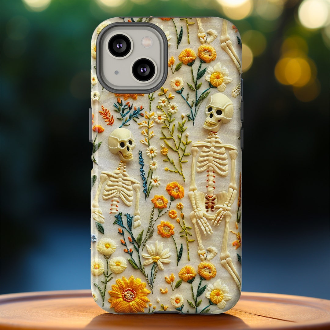 3D Faux Embroidered Skeletons in Wildflowers Tough Phone Case | Cute ...