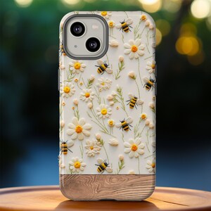 Bumblebees in Daisy Flowers Wooden Phone Case, Faux Embroidery & Wood ...