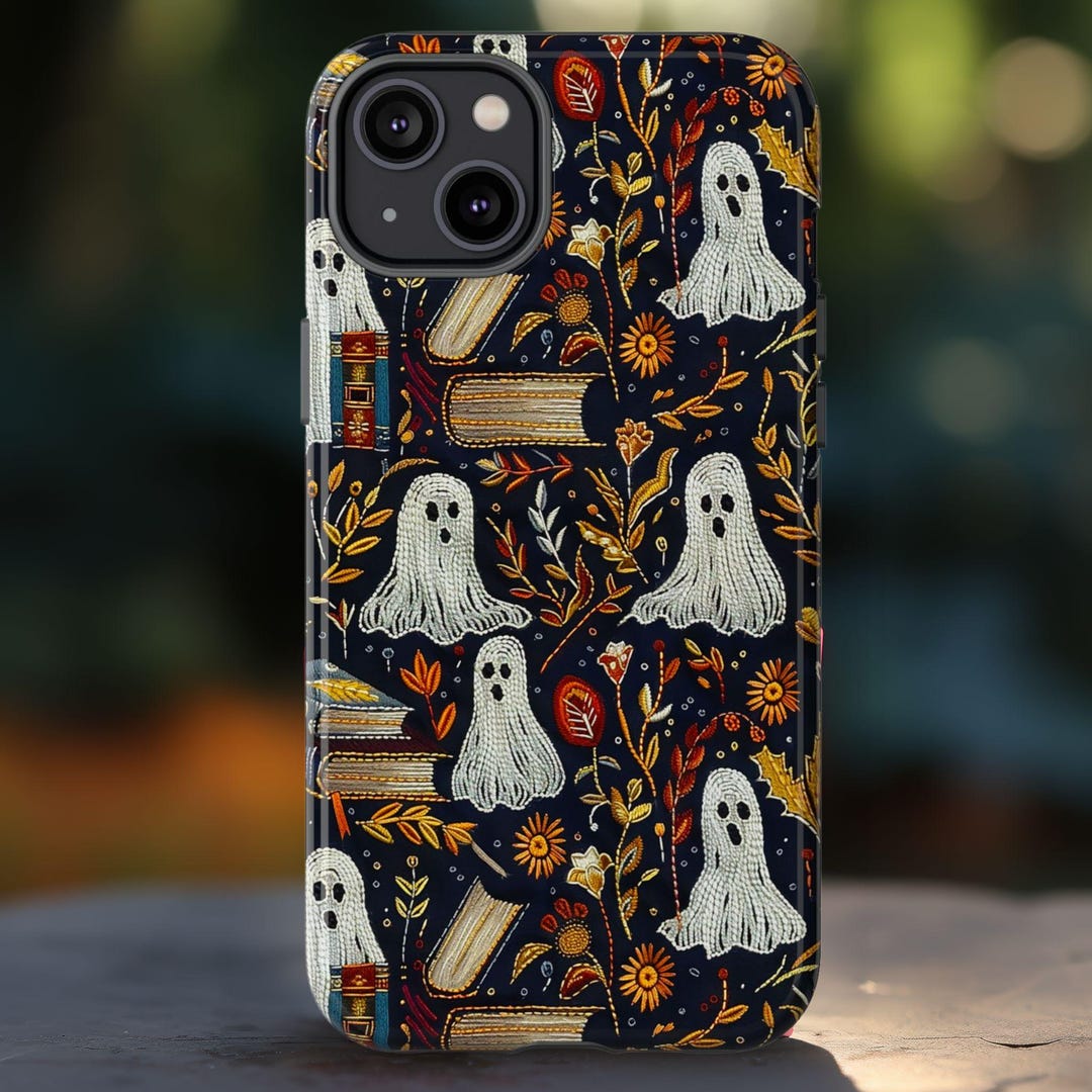 Bookish Halloween Floral Ghosts Phone Case, Spooky Faux Embroidery ...