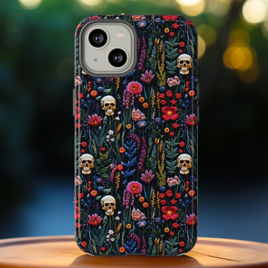 Gothic Art Bone Garden Phone Case, 3D Faux Embroidered Floral Skulls in ...