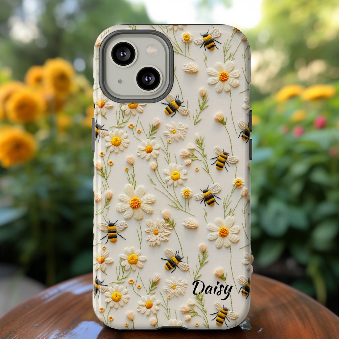 Personalized Bee Lover Gift Phone Case | Custom Faux Embroidered Floral ...