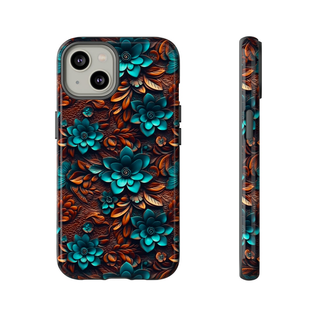 Western Boho Phone Case | Tooled Leather Effect Turquoise Floral Phone ...