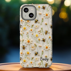 Personalized Bee Lover Gift Phone Case | Custom Faux Embroidered Floral ...
