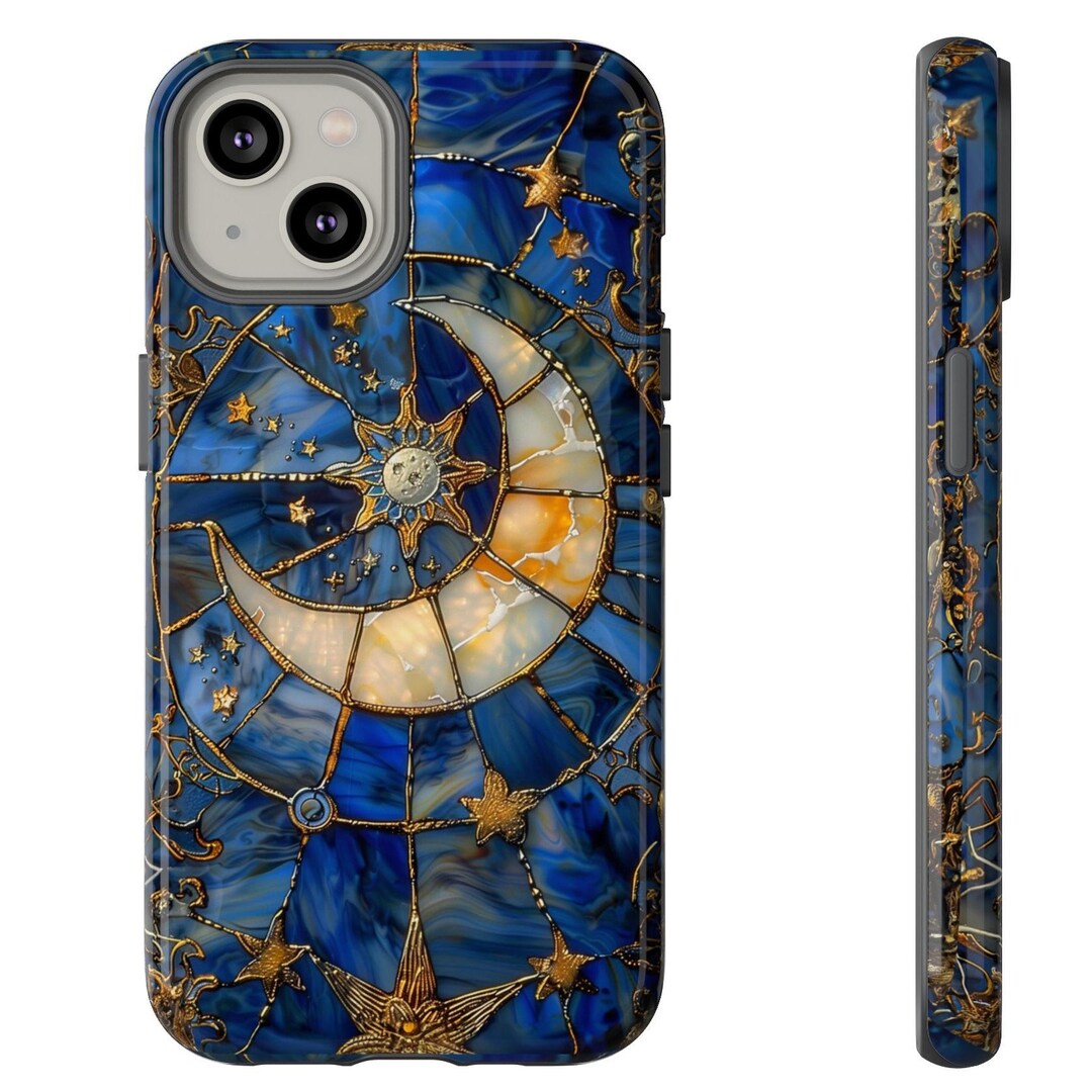 Celestial Stained Glass Moon and Stars Phone Case Faux Stain Glass ...