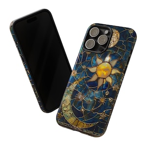 Celestial Stained Glass Print Moon & Stars Phone Case, Faux Stain Glass ...