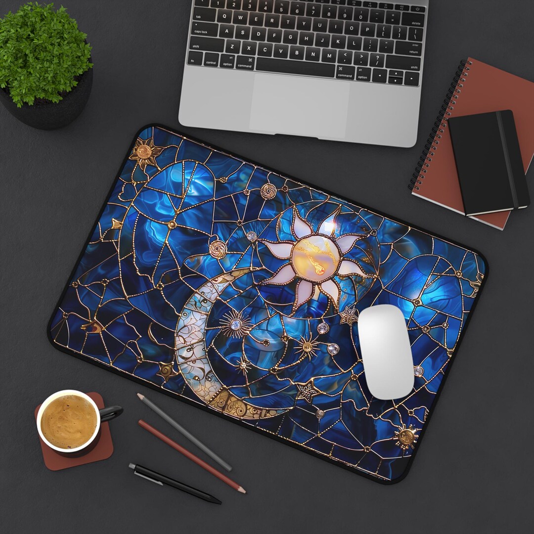 Faux Stained Glass Sun Moon Stars Celestial Desk Mat, Starry Night Sky ...