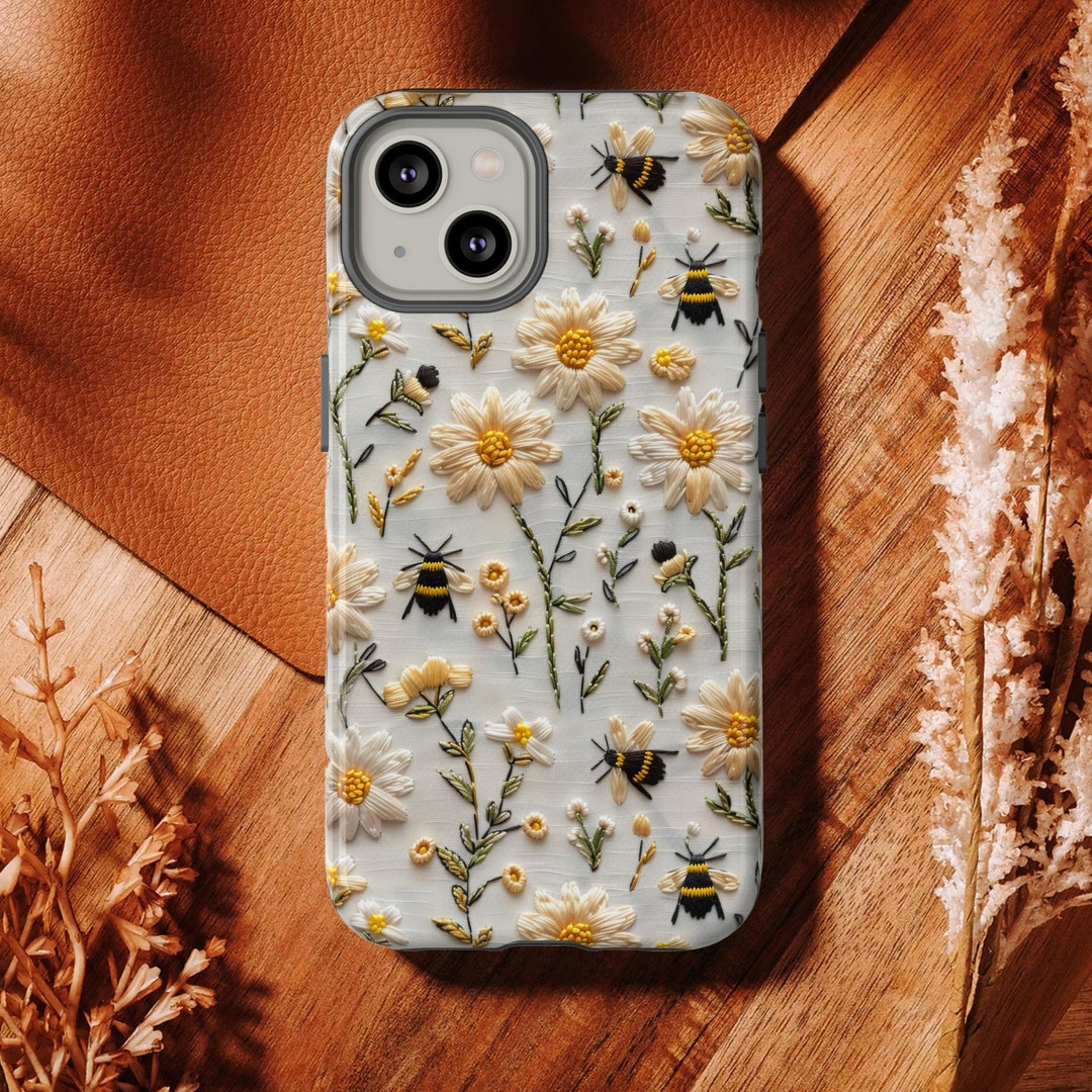 3D Embroidered Foral Bumblebee Phone Case | Faux Embroidery Cute Floral ...