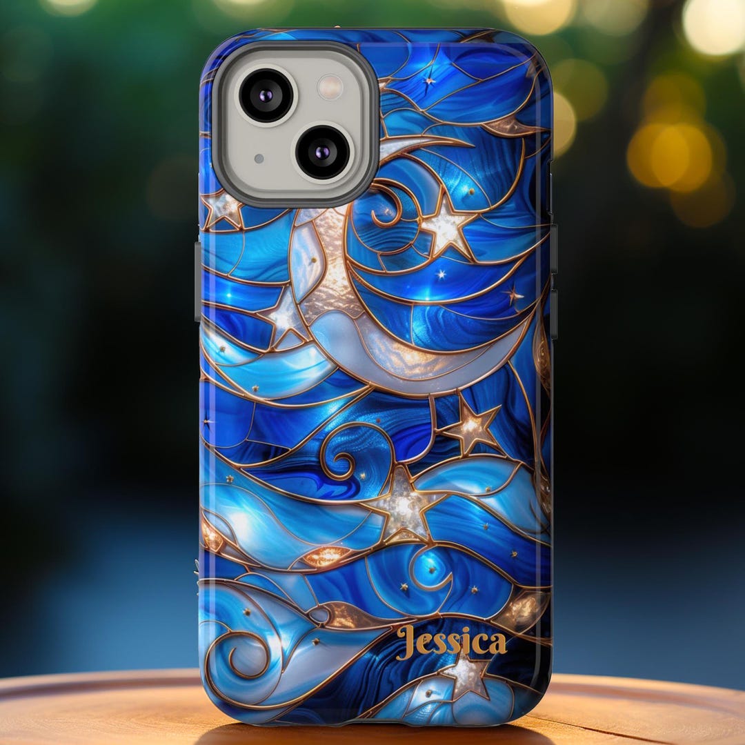 Celestial Stained Glass Moon Stars Phone Case, Faux Stained Glass Starry Night Sky Design for ...