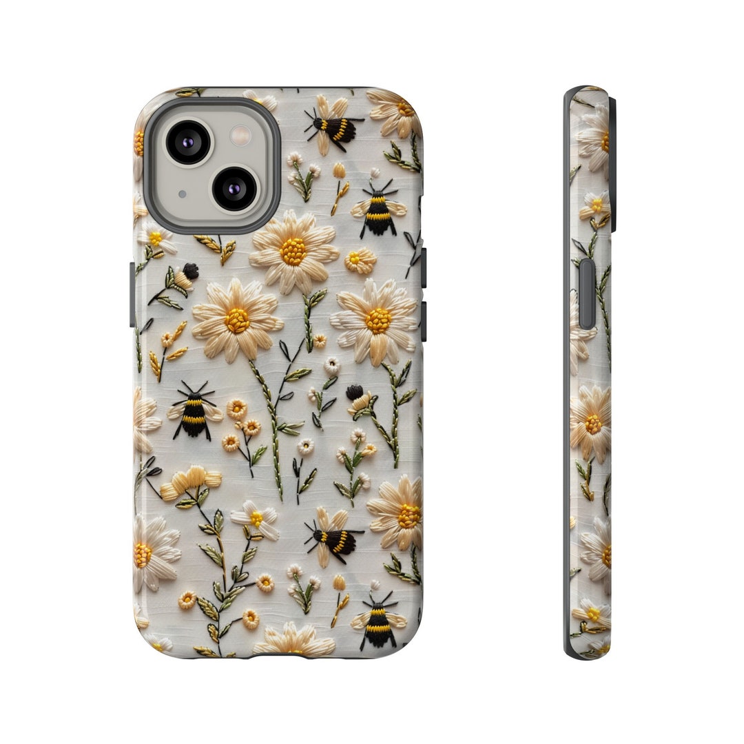 3D Embroidered Foral Bumblebee Phone Case Faux Embroidery Cute Floral ...