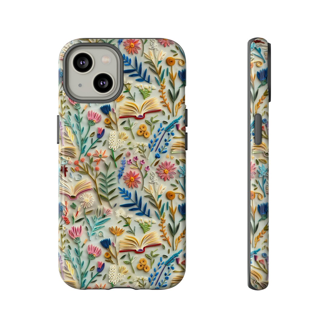 Threaded Tales 3D Embroidery Floral Bookish Phone Case 3D Faux ...
